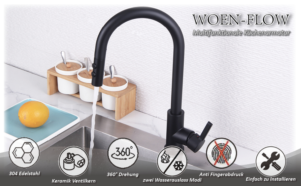 Wasserhahn Küche Schwarz, Hochdruck Küchenarmatur Ausziehbar 360° Schwenkbar, Einhebel ...