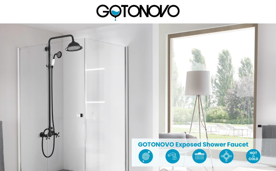 gotonovo Matte Black Shower Faucet 8 Inch Rainfall Shower Head Set Double Cross Handle with ...