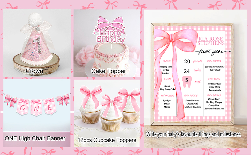 Amazon.com: HPWF Pink Bow 1st Birthday Decorations Kit - Complete Set ...