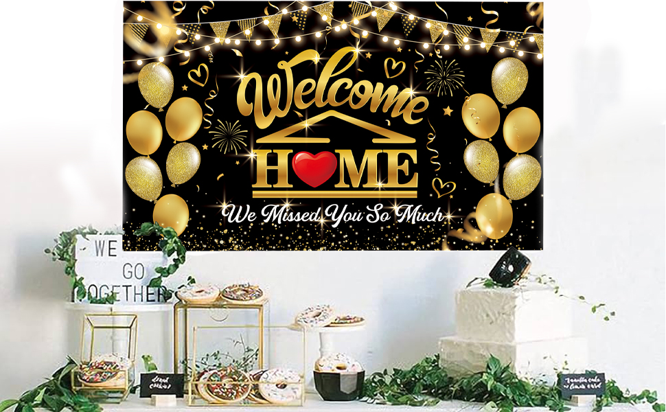 Amazon.com : SMENGGIL Black Gold Welcome Home We Missed You So Much Banner Backdrop Photography ...