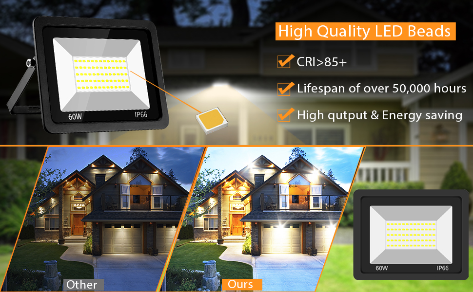 60W LED Flood Light, 6000lm 3000K Warm White Exterior Flood Lighting with Plug, IP66 Waterproof ...