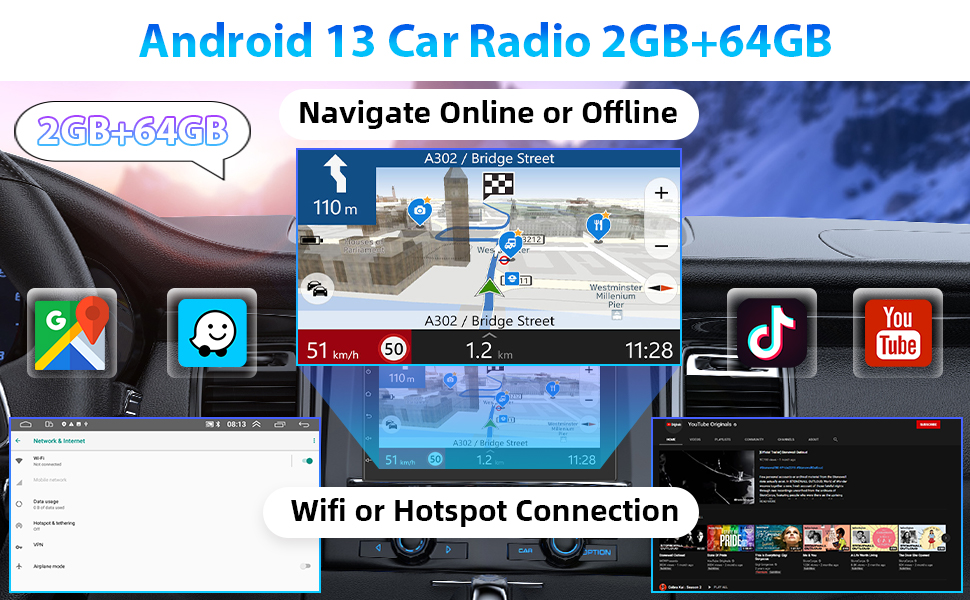 Hodozzy Android Autoradio 2G+64G Wireless Carplay Android Auto Doppel Din Radio mit Navi 7 Zoll ...