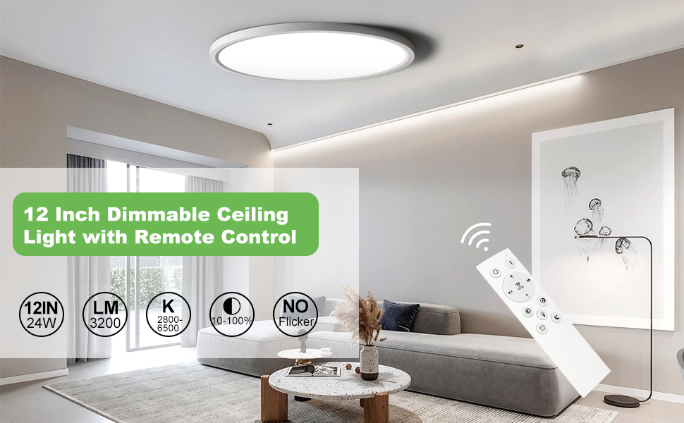 2 Pack 12 Inch 24W Dimmable LED Flush Mount Ceiling Light Fixture with ...
