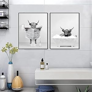 Amazon.de: Trayosin Lustige Hochland Kuh Wandkunst in Badewanne, Schwarz-Weiß Leinwand Bild ...