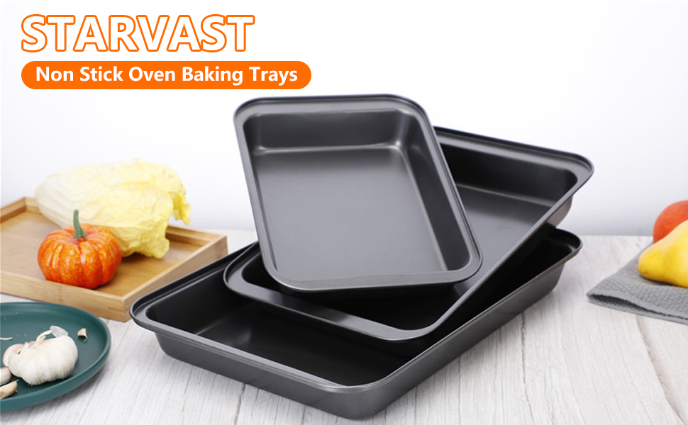 STARVAST Non Stick Oven Baking Trays, 3 Pieces Carbon Steel (PFOA Free ...