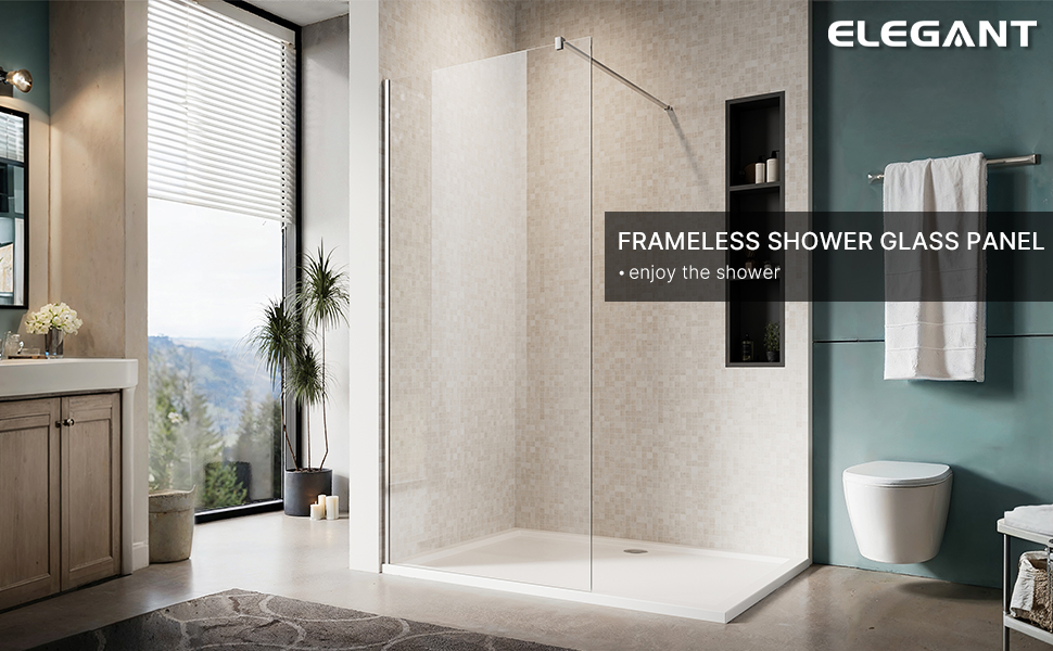 ELEGANT Frameless Shower Door 34" W x 74" H, Fixed Single Shower Glass Door, 5/16" Tempered ...