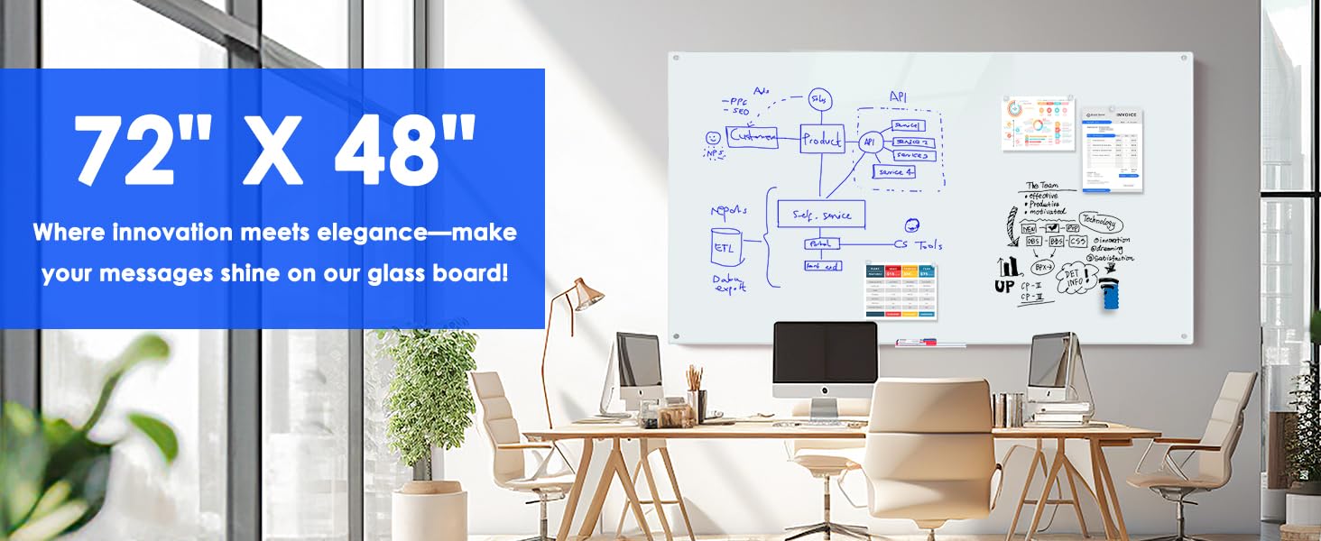 Amazon.com : Magnetic Glass Whiteboard 6'x4', 72"x48" Glass Dry Erase Board for Wall Mounted ...