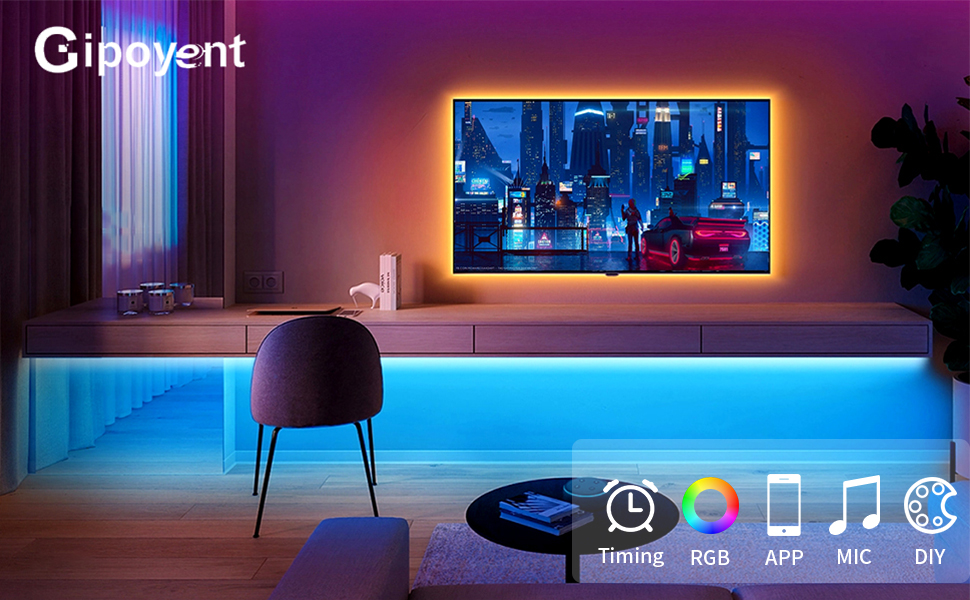 GIPOYENT TV LED Backlight,Sync to Music LED Strip Lights for 56-80 inch TV, LED TV Lights with ...