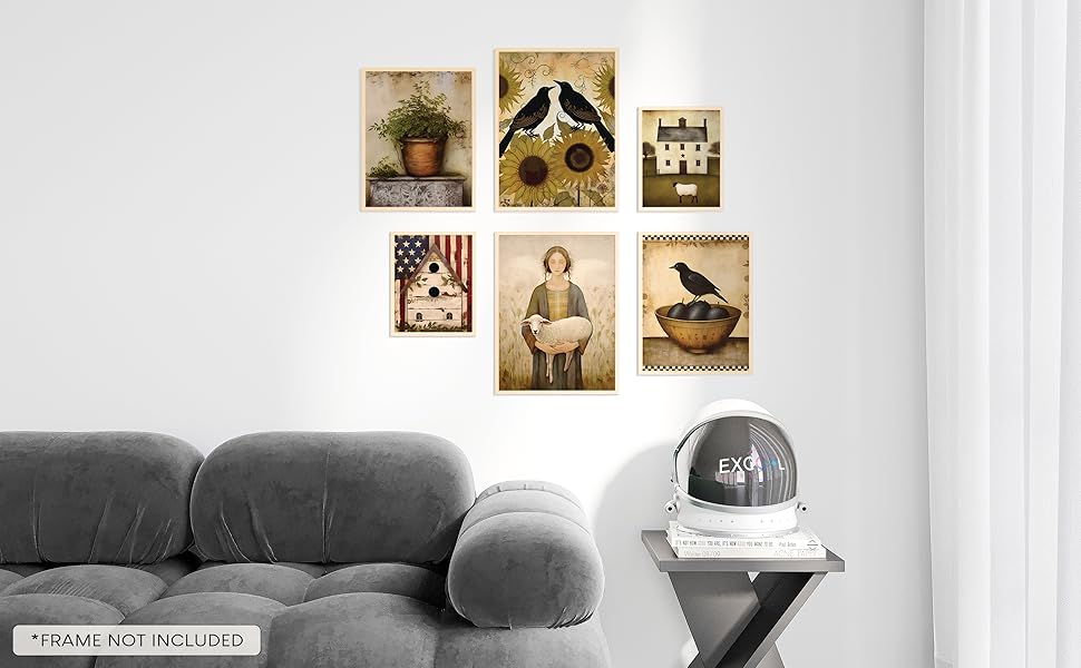 Amazon.com: EXCOOL CLUB Country Primitive Decor - Folk Art Prints, Black Crow Pictures, Saltbox ...
