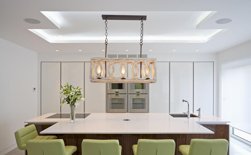 Rustic Chandeliers Farmhouse Rectangle 3-Light Kitchen Island Pendant ...