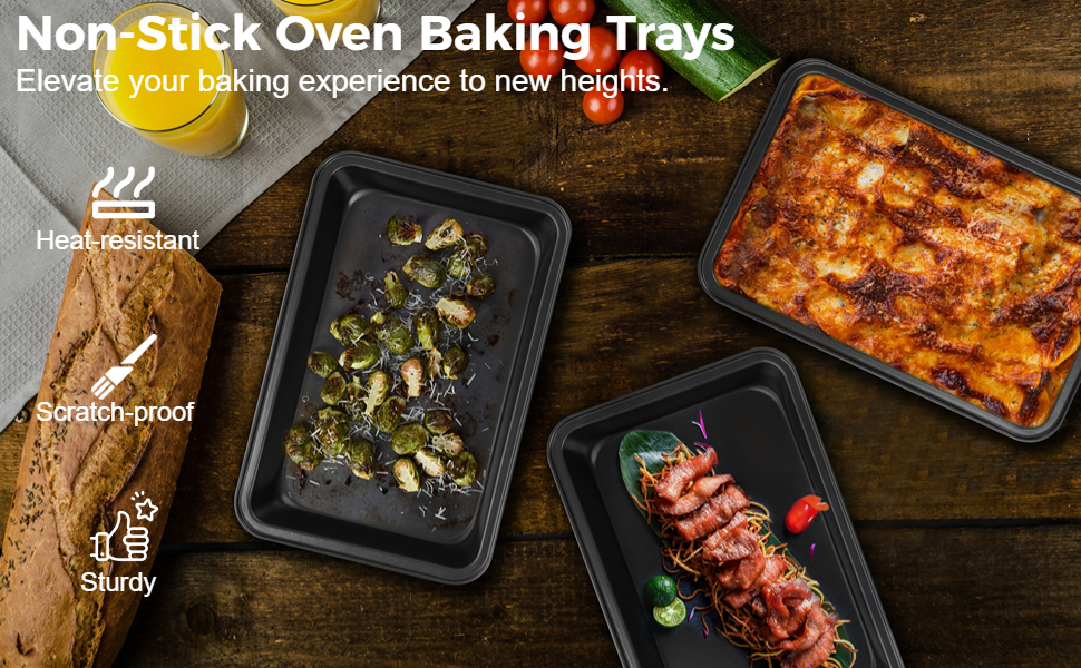 3 PCS Non-Stick Oven Baking Trays, Carbon Steel Roasting Trays, 3-Sized ...