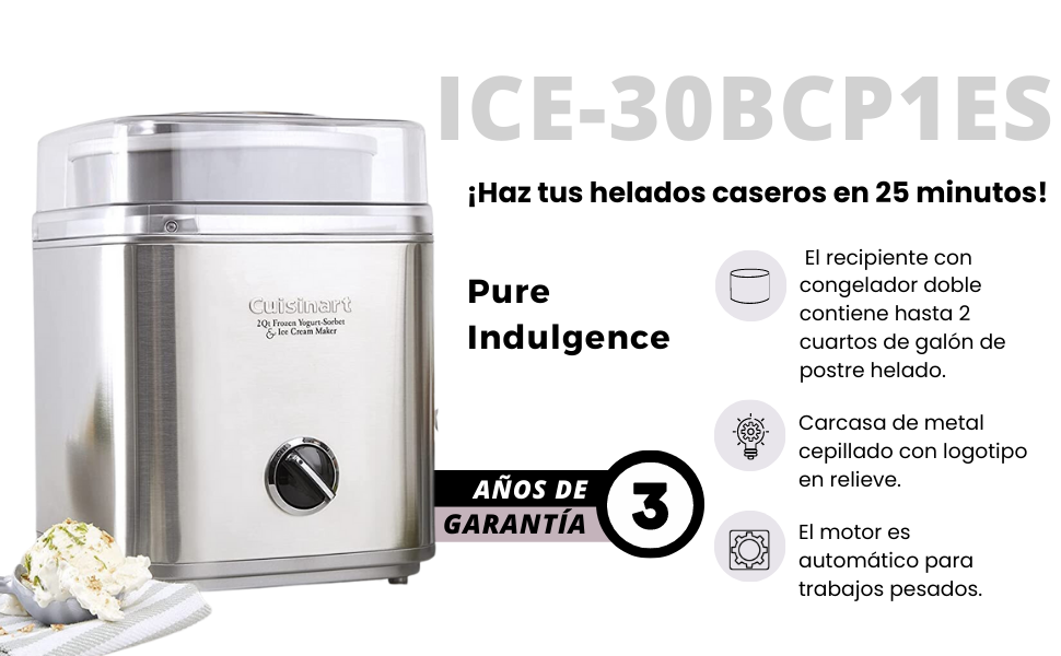 Cuisinart ICE-30BC Maquina Automática, Helado y Sorbete, Metal Cepillado, 2 Quartos : Amazon.com ...