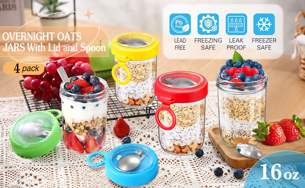 Amazon.com: RTWDKFQ 4 Pack overnight oats containers with lids and Spoons,16-Oz Glass Mason Jars ...