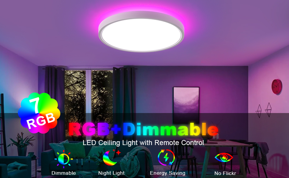 HENTAG RGB Smart Ceiling Light with Remote Control, 12Inch 36W Dimmable ...