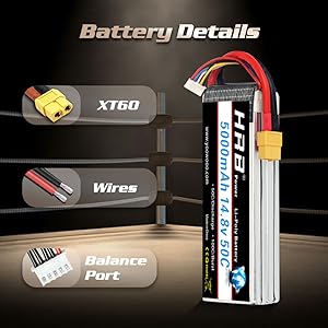 HRB 4S 14.8v 5000mAh 50C Lipo Battery XT60 Connector Compatible with RC Helicopter Airplane Car ...