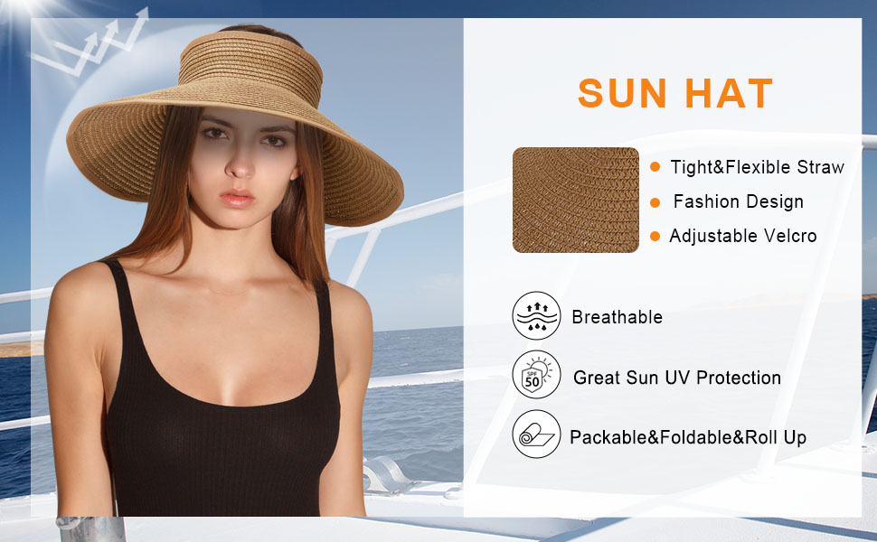 HWSHQY OO Straw Sun Hats for Women,Straw Visor Hat for Women,Travel Wide Brim Beach Hats for Sun ...