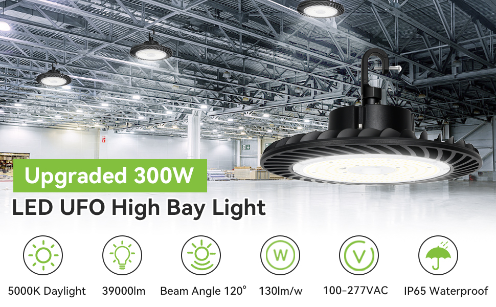 300W UFO LED High Bay Light Fixture ACE Series, 39,000lm 0-10V Dimmable 5000K 5' Cable with US ...