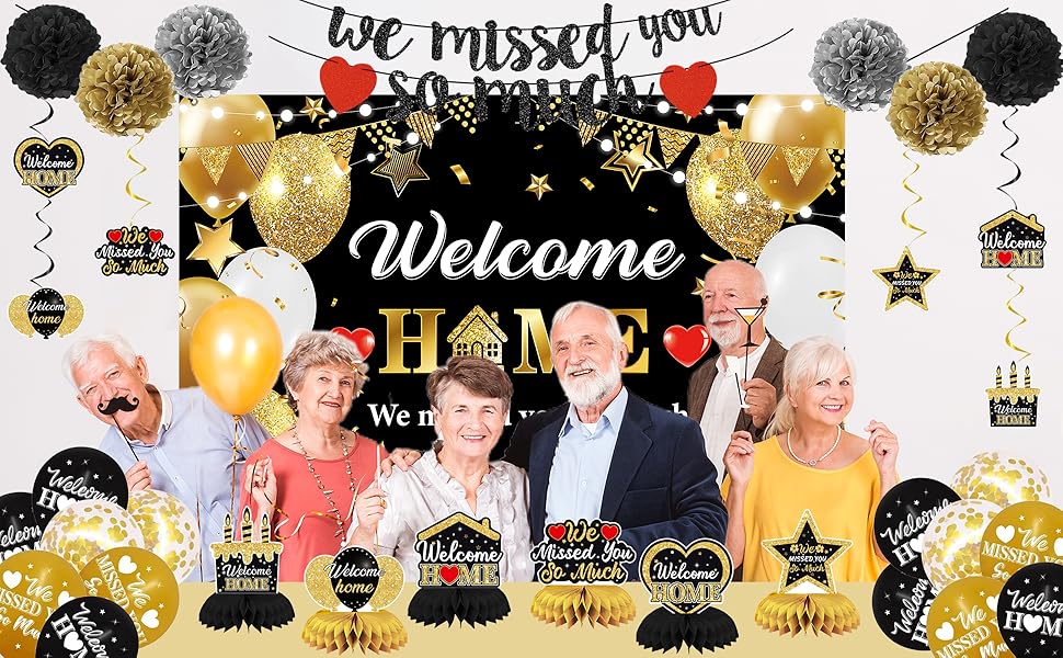 Amazon.com: Holkcog Welcome Home Decoration Black Gold Welcome Back Party Decorations We Missed ...