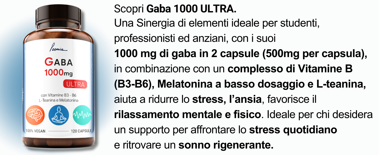 Gaba 1000 MG ULTRA Con L-Teanina Vitamina B3 B6 (Scorta per 2 mesi) 120 Capsule Gaba Integratore ...