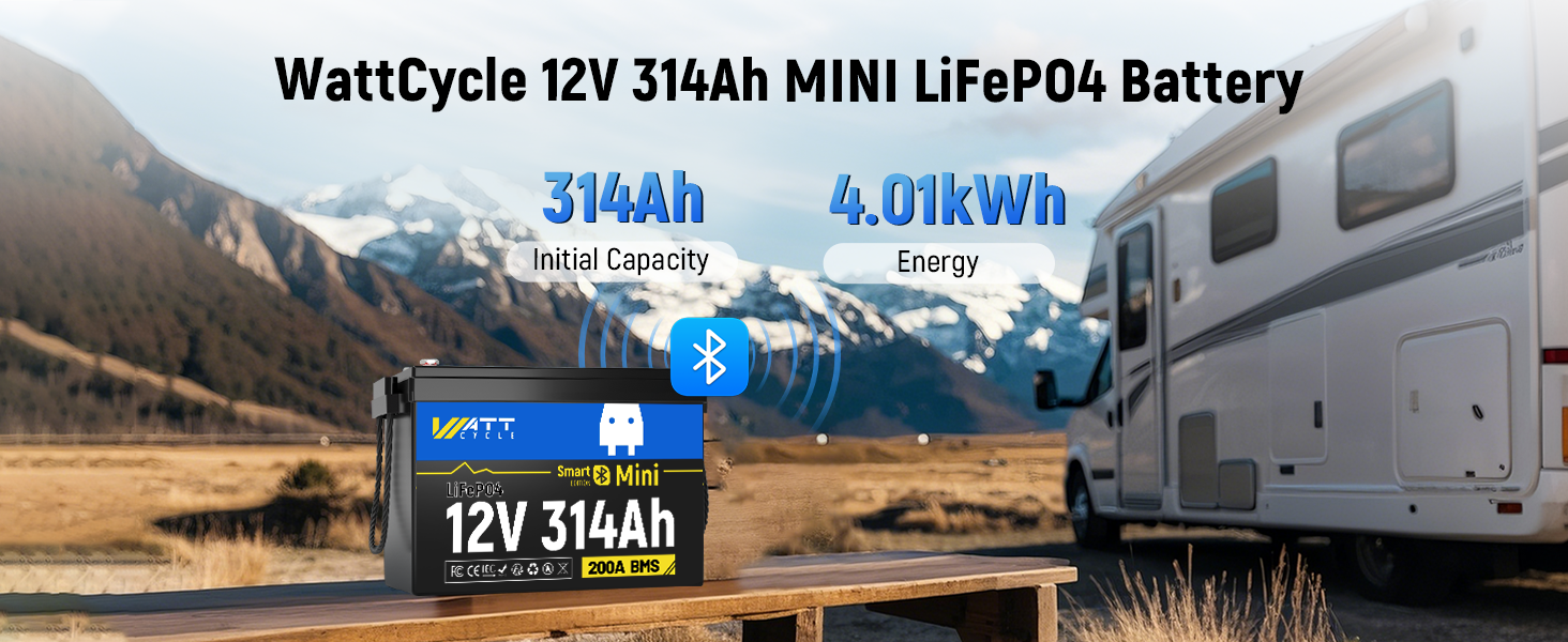 Amazon.com: WattCycle 12V 314Ah Mini LiFePO4 Lithium Battery with Bluetooth 5.0, 200A BMS, 4 ...