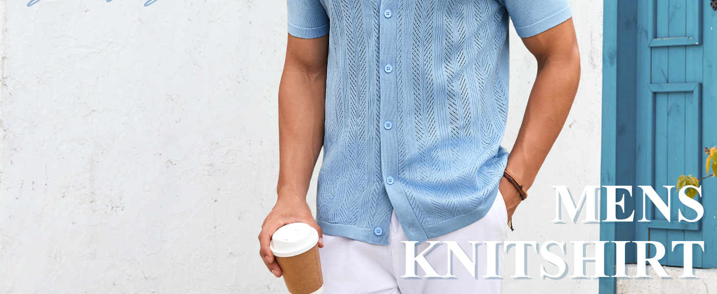 Amazon.com: COOFANDY Mens Knit Button Down Shirt Short Sleeve Casual Polo Shirts Vintage Summer ...