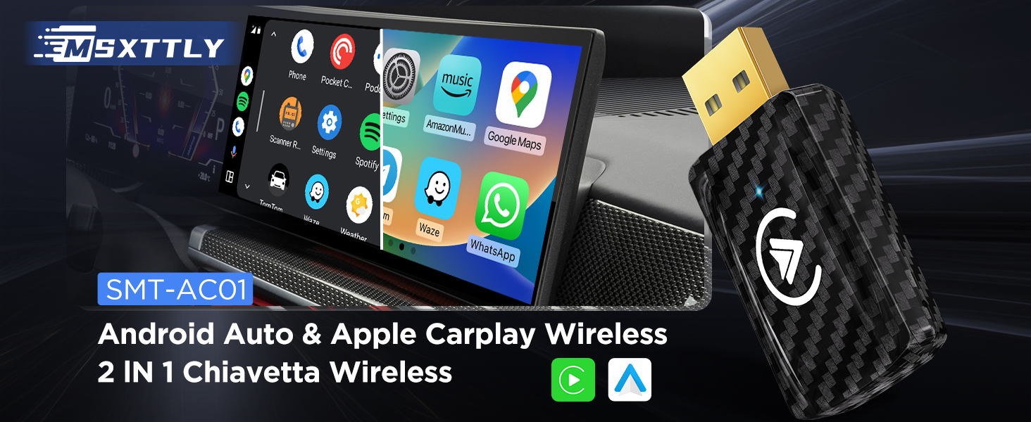 MSXTTLY Adattatore Carplay Wireless & Android Auto Wireless 2 IN 1, SMT-AC01 Converte Androi-d ...