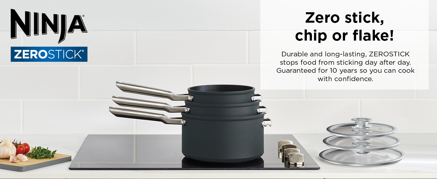Ninja ZEROSTICK Stackable Cookware 3-Piece Pan Set, Non-Stick, 3 Saucepans, 16cm, 18cm and 20cm ...