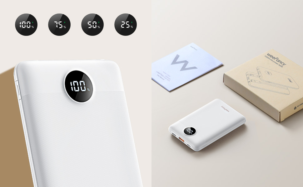 Amazon | モバイルバッテリー 軽量 小型 大容量 薄型 10000mAh ケーブル内蔵 急速充電 WeeFancy 22.5W PD QC 3.0 USB Type-C出力/入力ポート ...