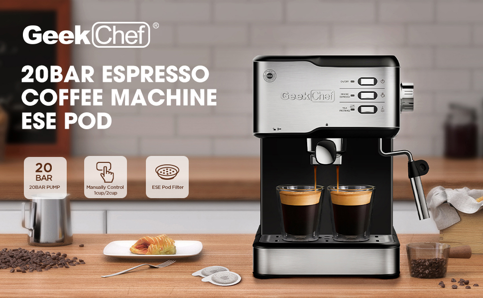 Amazon.com: Geek Chef Espresso Machine, Espresso and Cappuccino latte Maker 20 Bar Pump Coffee ...