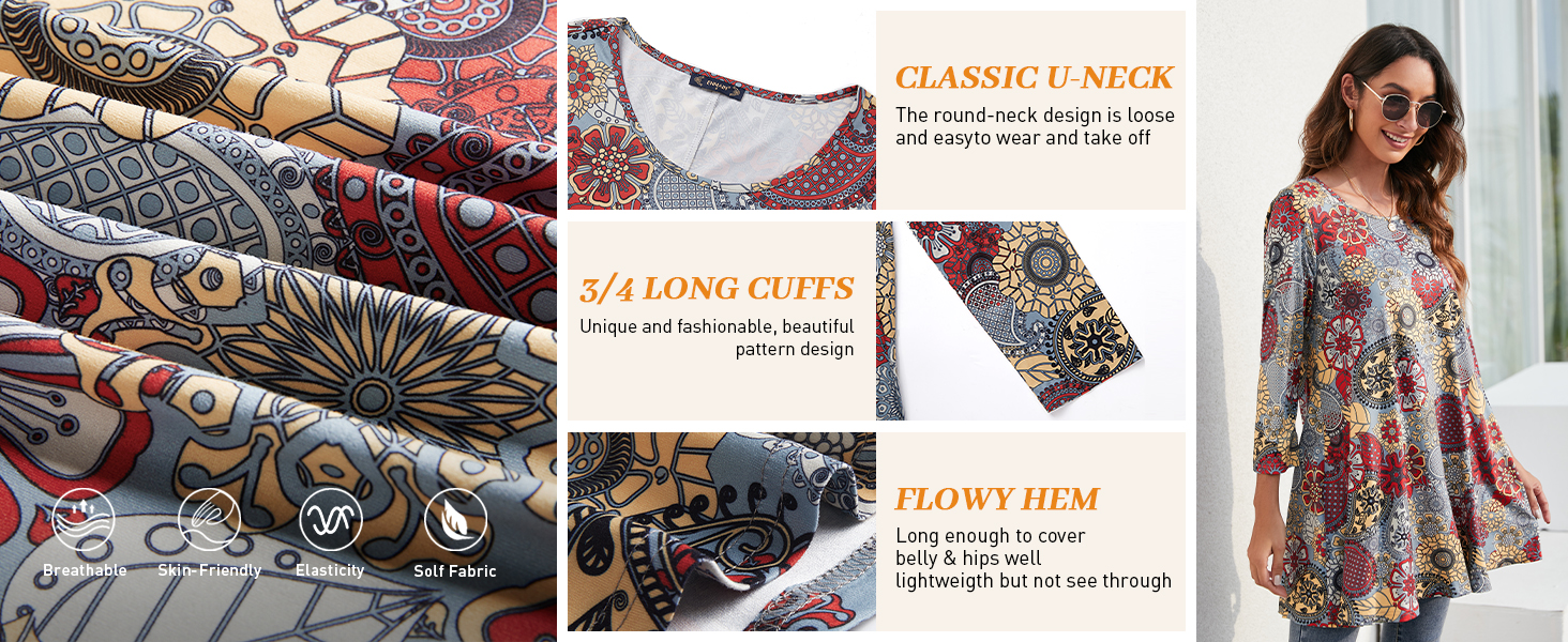 Enmain Womens Tunic Top 3/4 Long Sleeve Tunics for Women UK Plus Size Round Neck Longline Tops ...