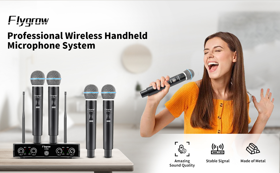 Amazon.com: Flygrow Pro Wireless Microphone System, 4 Channel UHF Wireless Mic, Fixed Frequency ...