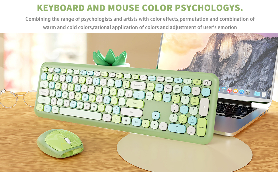 Wireless Keyboard And Mouse Combo Colorful Ergonomic Full Size Retro Low Noise