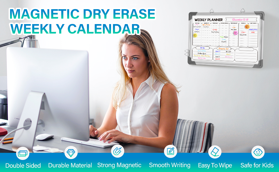 Dry Erase Weekly Calendar Whiteboard for Wall, 16" x 12" Magnetic White ...