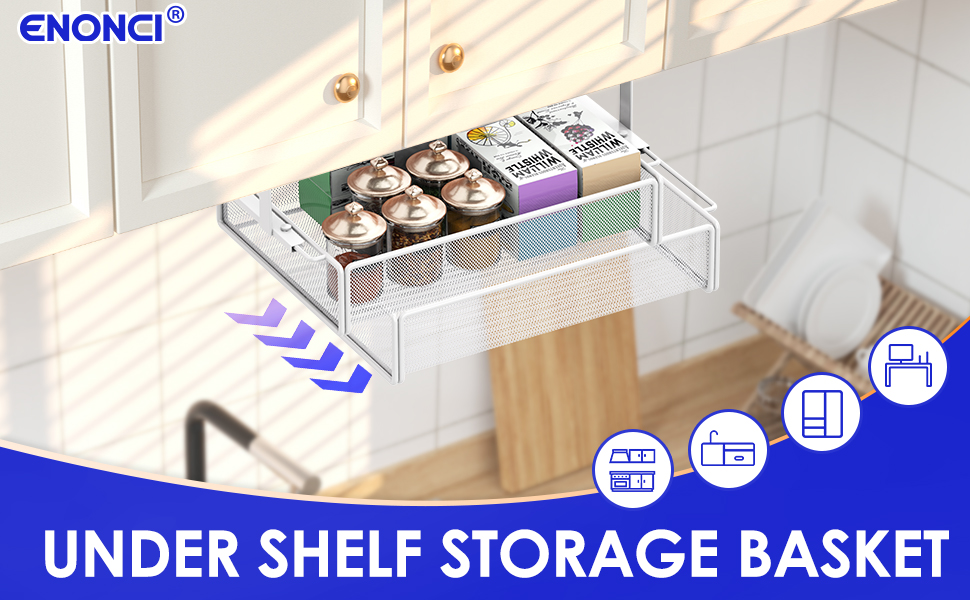 ENONCI Under Shelf Pull Out Storage Basket, Under Cabinet Hanging ...