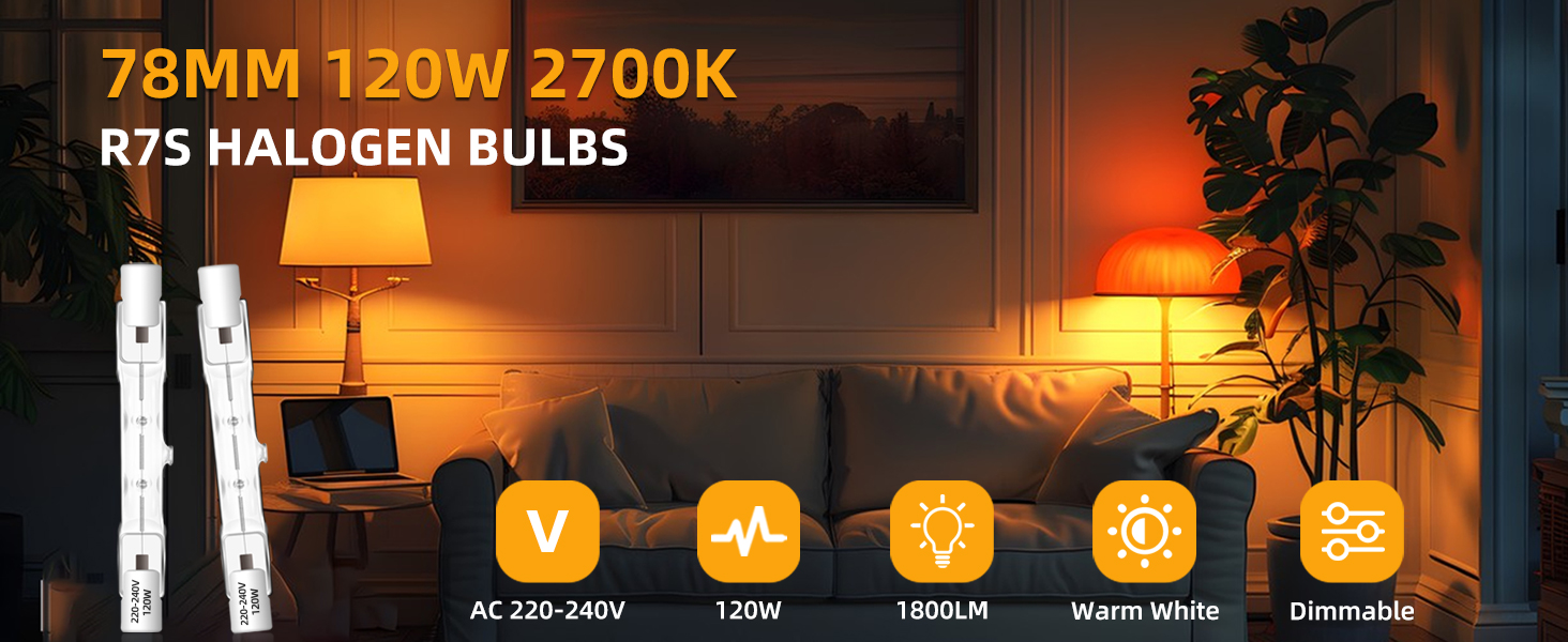 2 Pack R7s Halogen Bulb 78mm 120W Dimmable, J78 Security Light Bulb, 230V 1800LM 2700K Warm ...
