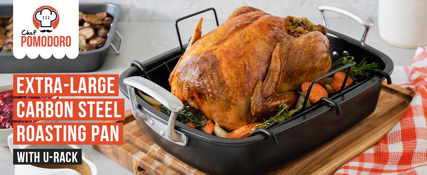 Chef Pomodoro Deluxe Large Carbon Steel Roasting Pan with U-Rack, 18.5 x 14.5-in (47 x 37 cm ...