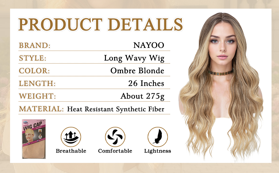 Amazon.com : NAYOO Long Ombre Blonde Wavy Wig for Women 26 Inch Middle Part Lace Hairline Curly ...