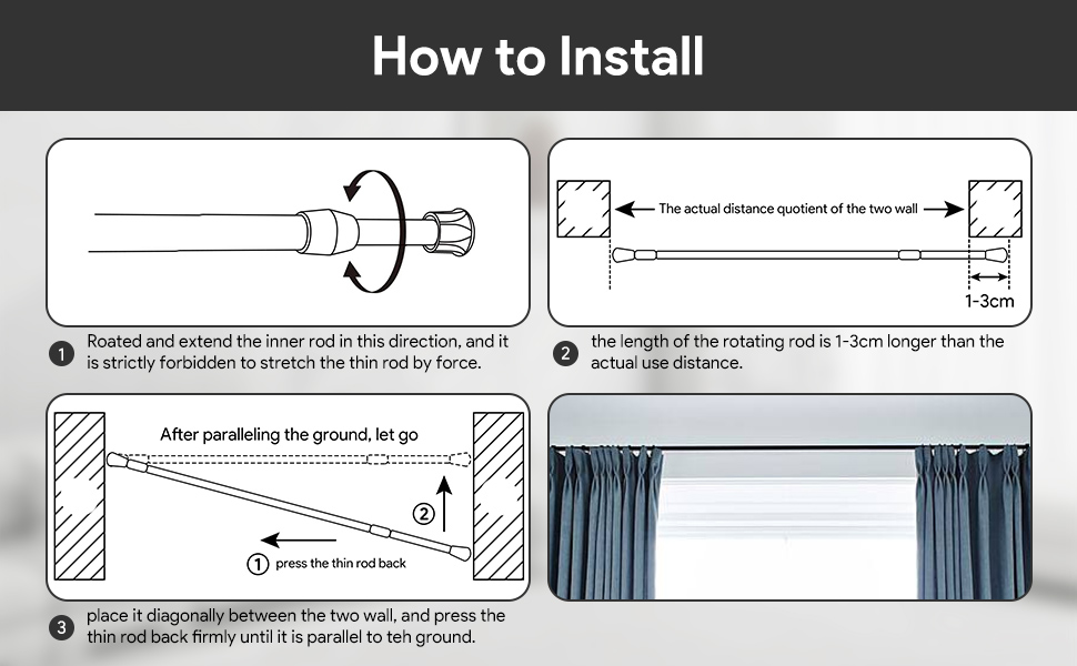 Adjustable Curtain Rod, Black High Carbon Steel Rail Telescopic Spring Shower Curtain Rod No ...