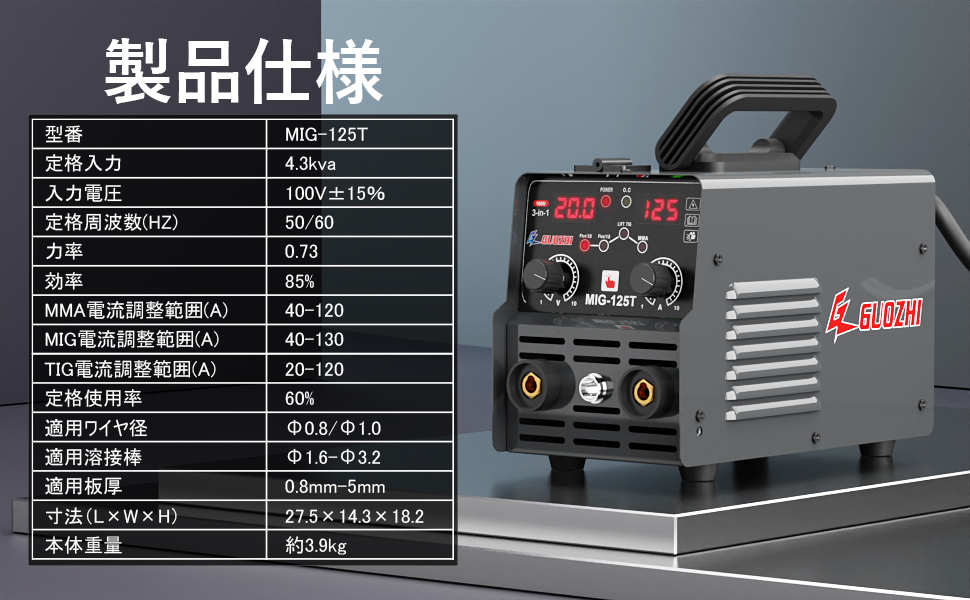 Amazon.co.jp: GZ GUOZHI MIG-125T Welding Machine, 100 V, Semi-Automatic, 125A, Arc Welding, Gas ...