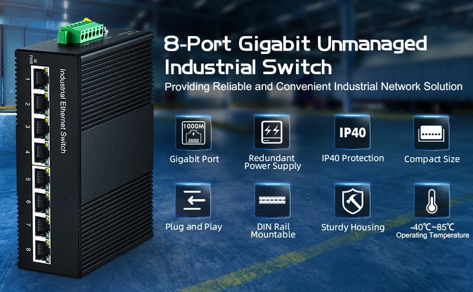 Binardat 8 Port Gigabit Din Rail Industrial Ethernet Switch, 8 Ports 10/100/1000Mbps, Fanless ...