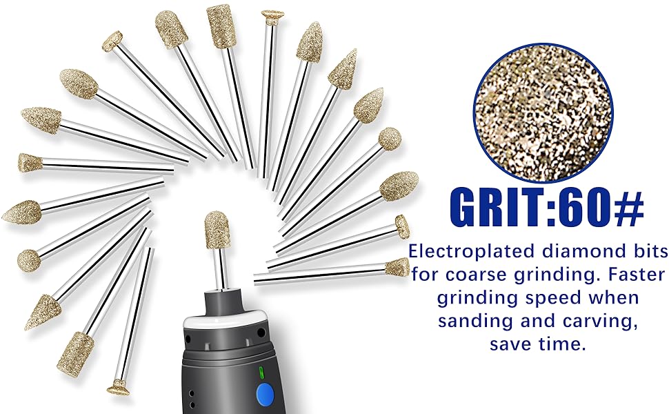 Amazon.com: HOUYA Diamond Grinding Burr Bit Set, 1/8" Shank 20 PCS Cutting Burrs Bits Rotary ...