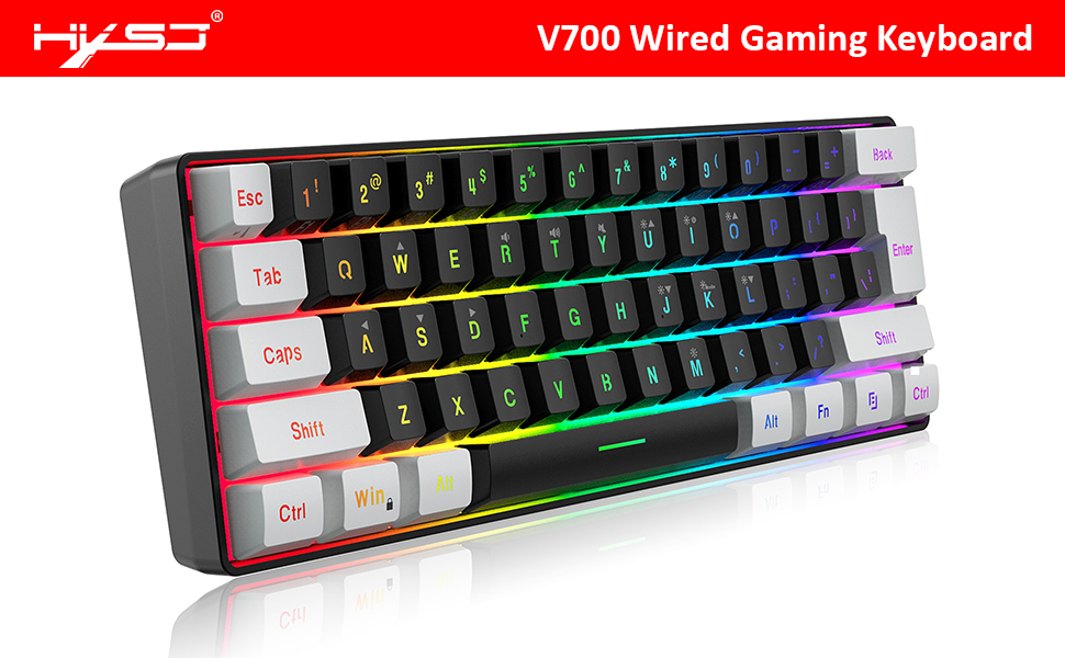 HXSJ V700 Wired Gaming Keyboard RGB Streamer Wired Keyboard 61-key Gaming Keyboard for Game ...