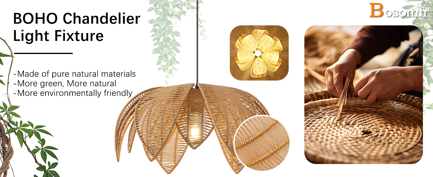 Bosomfr Hand Woven Rattan Chandelier, Boho Pendant Light 19.68 inches ...