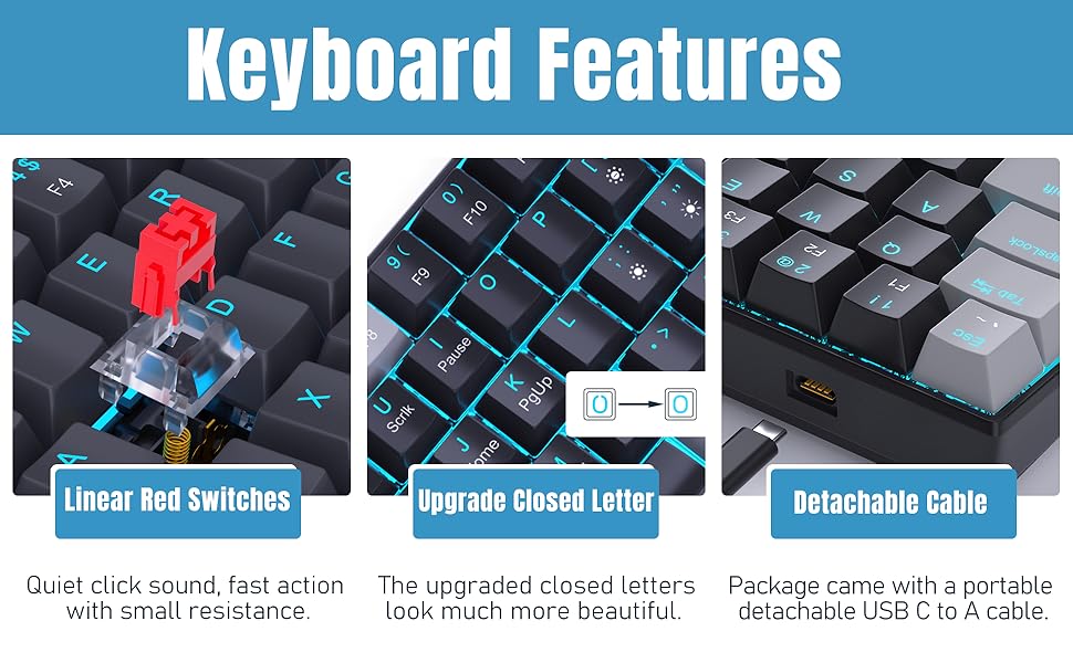 60 Percent Mechanical Gaming Keyboard, Gray&Black Mixed Color Keycaps ...