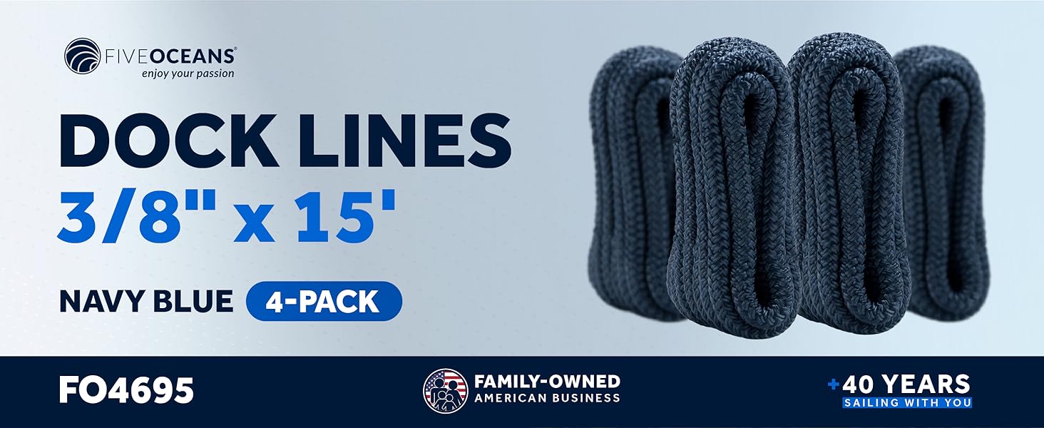 Amazon.com: Five Oceans 4-Pack 3/8" x 15' Boat Dock Lines with 12" Eyelet, Marine-Grade Navy ...