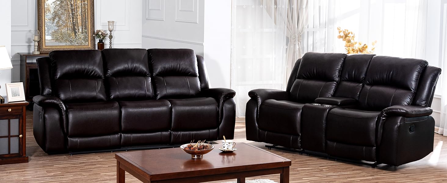 Amazon.com: Katie Leather Recliner Sofa Set, Manual Recliner Sofa Couch - Living Room Furniture ...