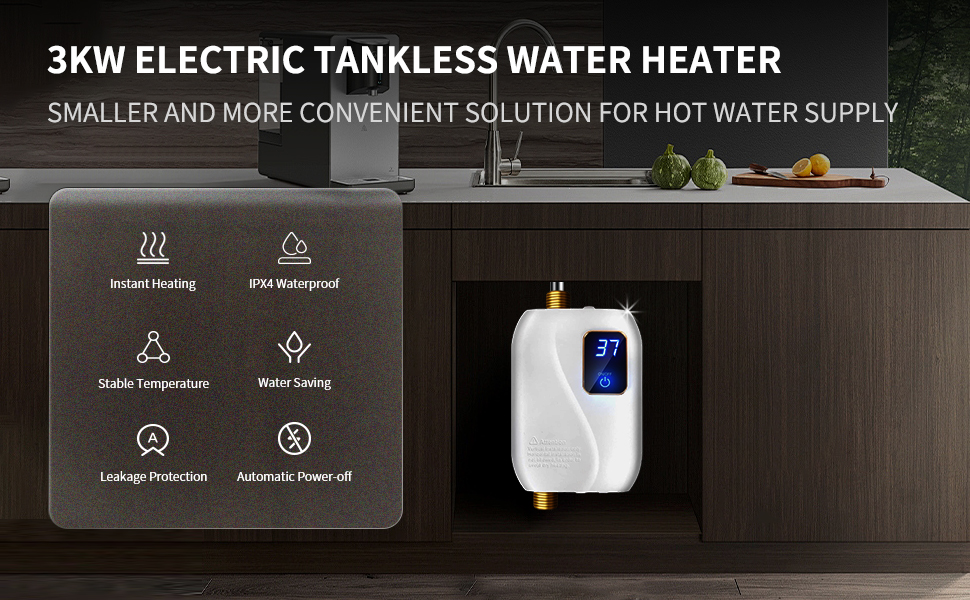 Instant Hot Water Heater, Electric Mini-Tank Water Heater, Brass Interfaces, Touch Button, Under ...