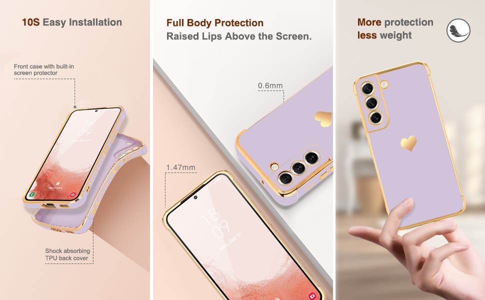 Urarssa for Samsung S21 FE Case Cute Bling Plating Heart Design Cases Women Girls Shockproof ...