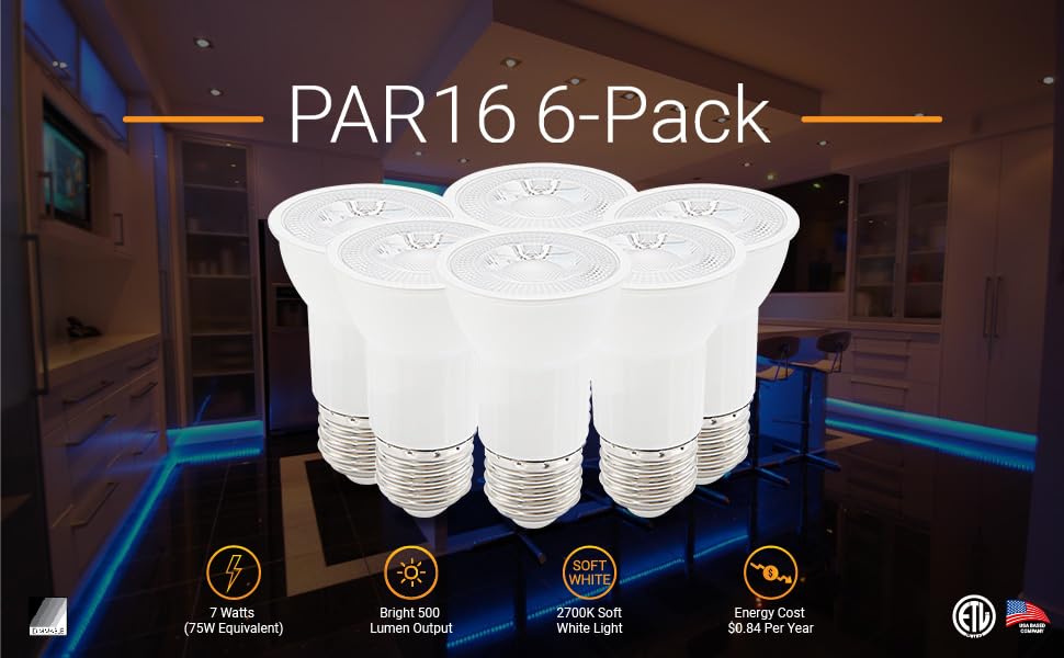 Sunlite 40385 LED PAR16 Long Neck Recessed Spotlight Bulb, 7 Watt, (75W Halogen Replacement ...