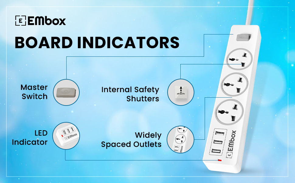 EMBOX 10A Extension Board with USB-Multi Plug Socket with 3 Universal ...
